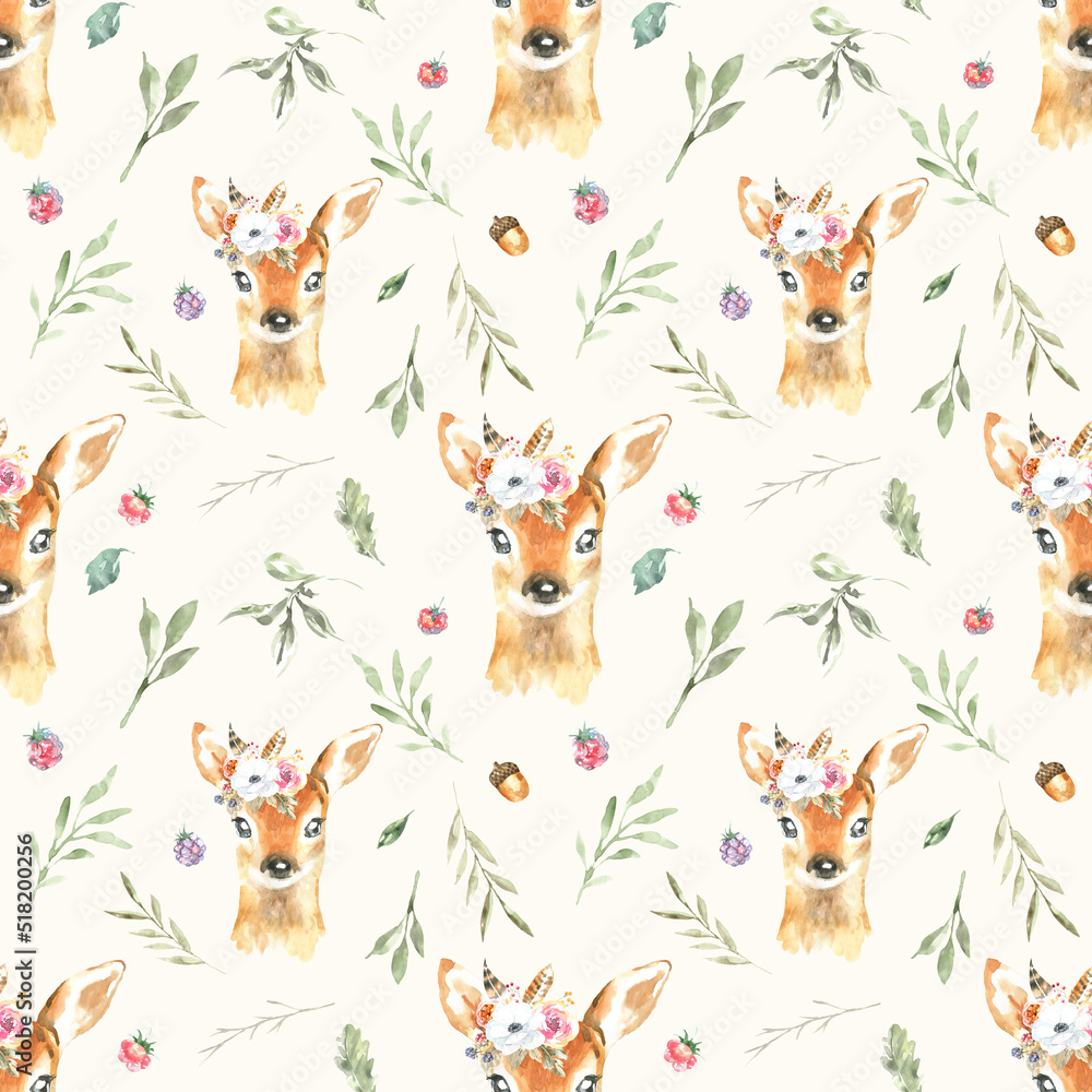 Watercolor woodland Deer,fawn animals nursery cute seamless pattern ...