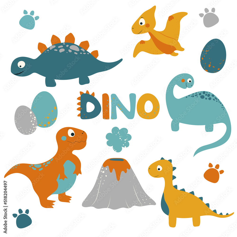Big dinosaurs set. Vector illustration for kids design. Cute cartoon dino. Tirex, diplodocus ...