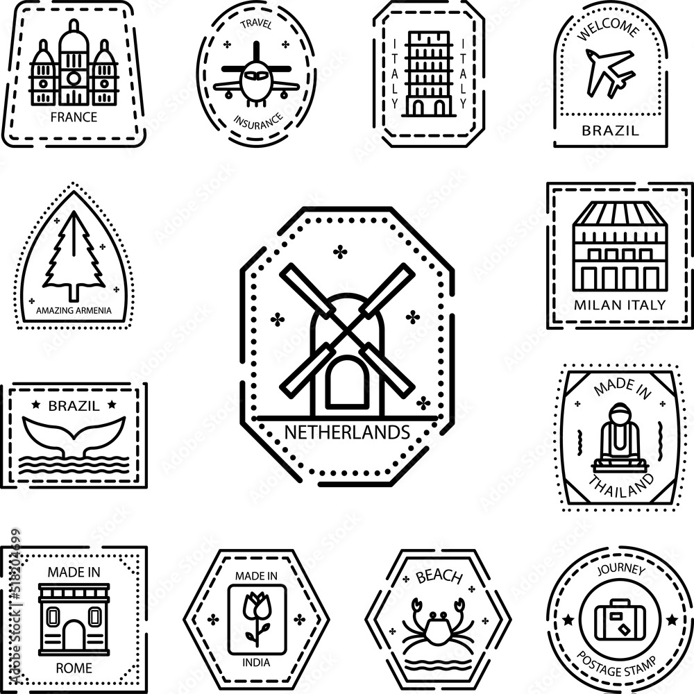 Passport stamp, visa, Netherlans icon in a collection with other items ...