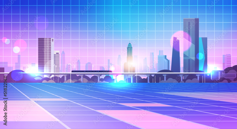 neon urban town street view through VR glasses mega city building ...