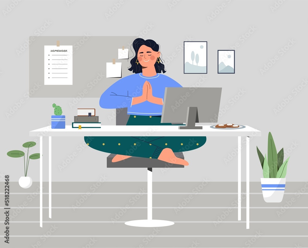 Businesswoman meditating at workplace. Woman sit in lotus position and ...