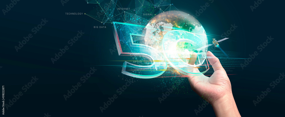 Businessman hand touching global 5G network and big data over the world ...