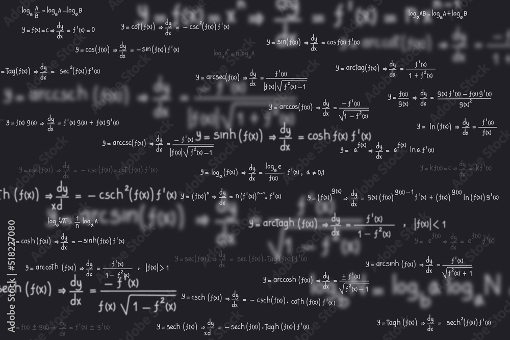Equations and formulas of logarithms, derivatives, trigonometric ...