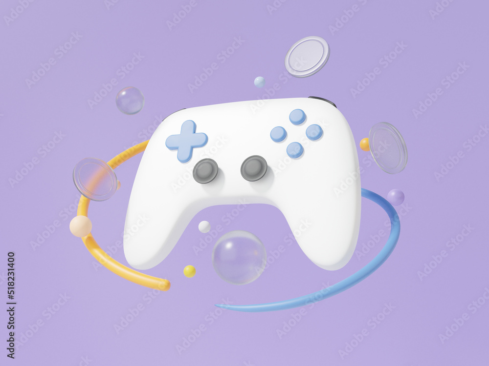 White game joystick controllers console icon. coin floating on purple ...