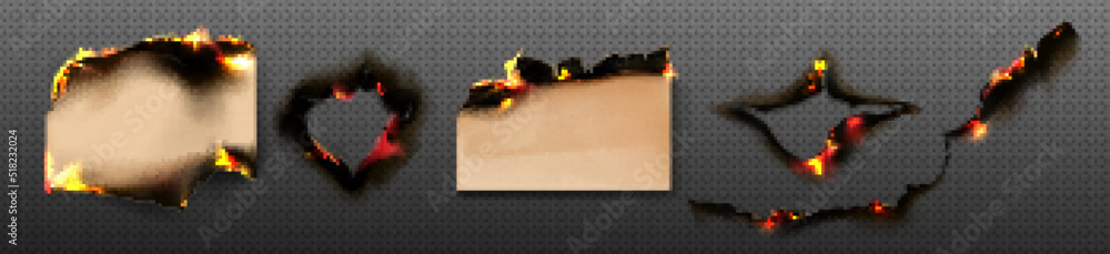Burn craft paper borders, brown burnt pages with smoldering fire on ...