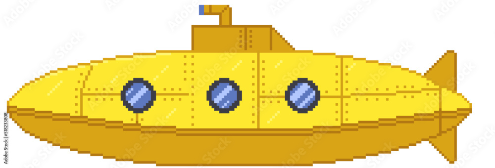 An 8-bit retro-styled pixel-art illustration of a yellow submarine ...