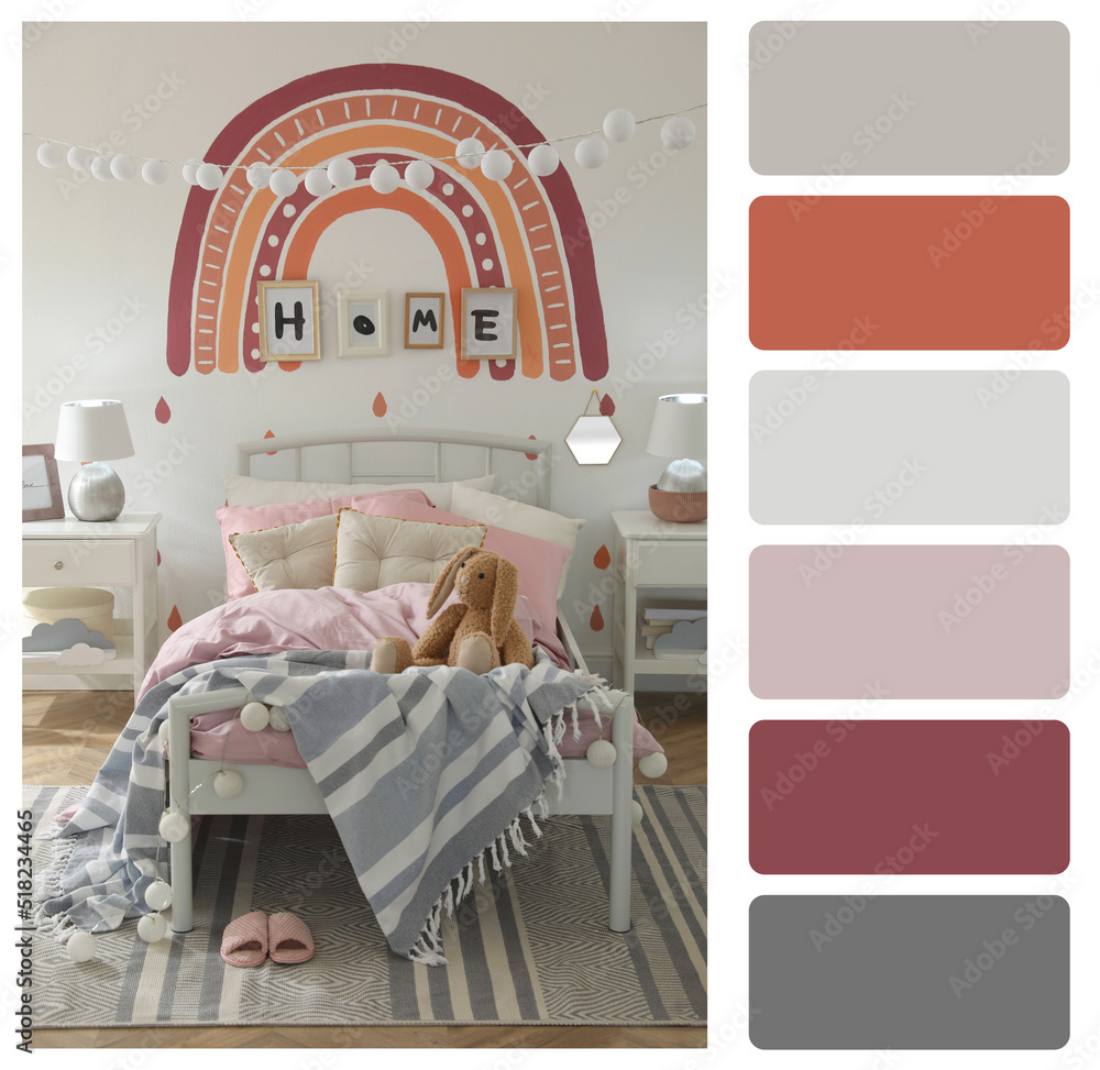Color palette and photo of stylish child's room interior. Collage Stock ...