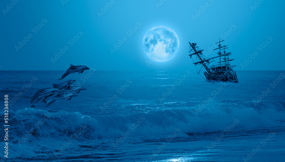 Night sky with moon in the clouds with Sailing old ship in storm sea ...
