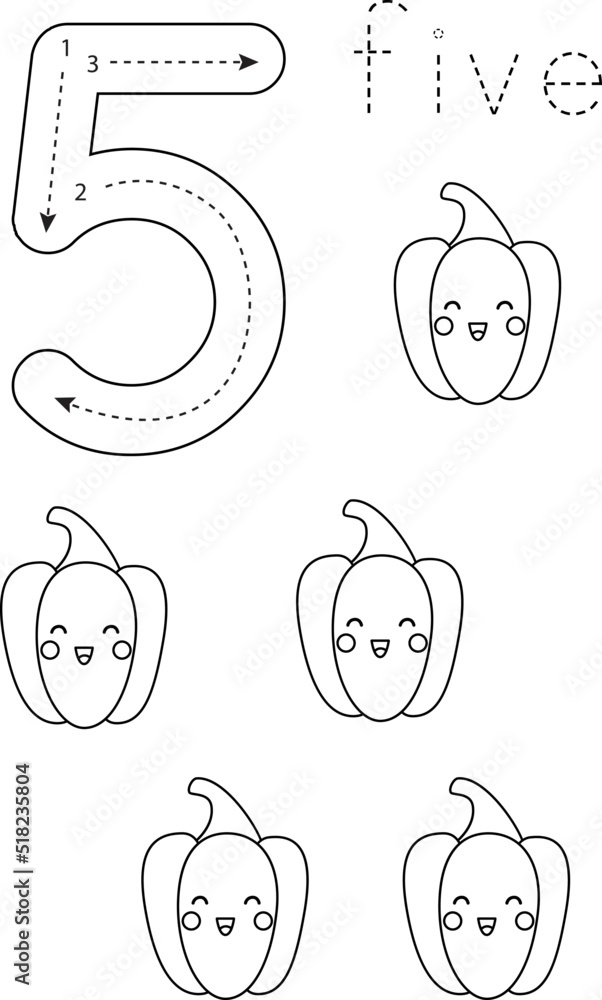 Flashcard number 5. Preschool worksheet. Black and white peppers. Stock ...