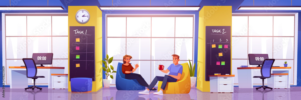 Office interior with people rest in lounge area and empty work desks ...