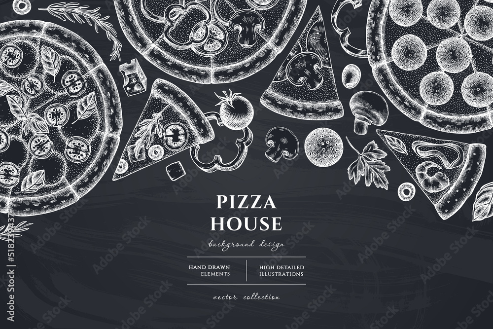 Pizza hand drawn illustration design. Background with chalk greek ...