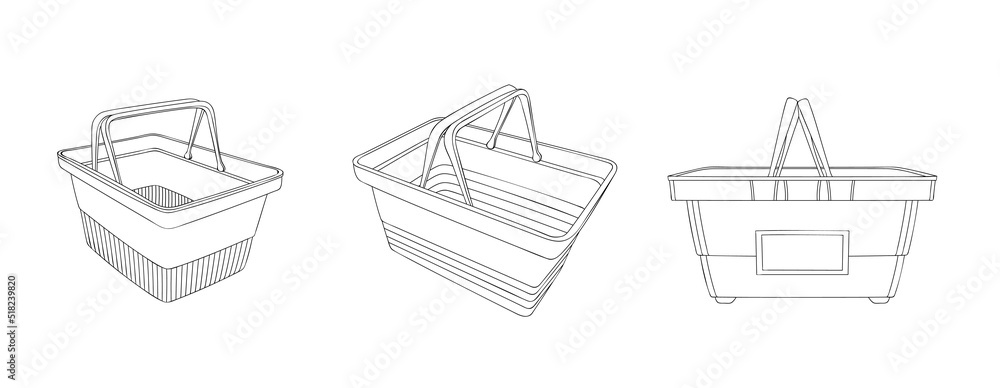 Set empty plastic shopping basket. Supermarket food basket. Visiting ...