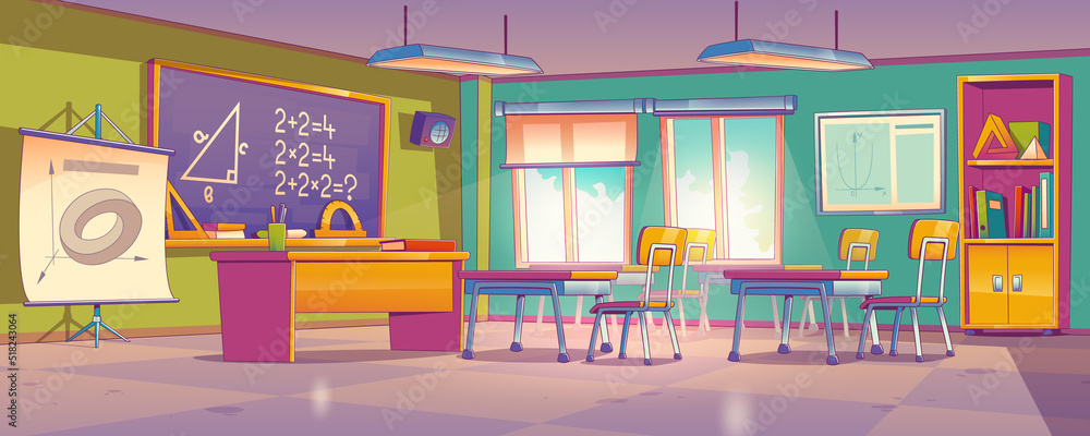 Mathematics classroom interior, school class room with teacher table ...