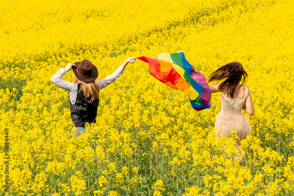 Happy lesbian couple waving a gay pride rainbow flag in support of LGBT ...