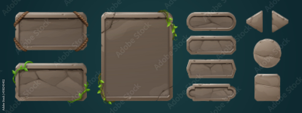 Naklejka Stone game menu boards with vines. Tablets, buttons, cartoon interface plaques, frames ...