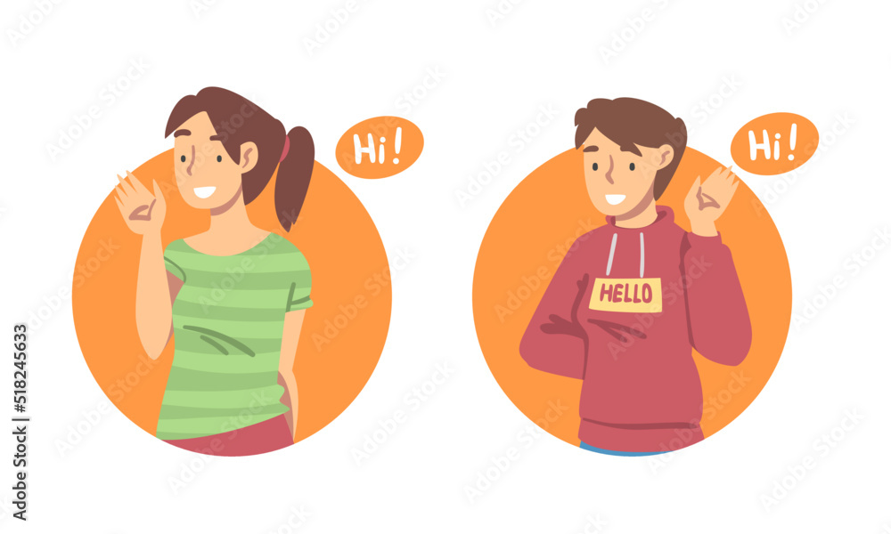 Cheerful people saying Hi set. Smiling teenage girl and boy doing ...