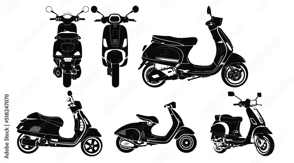 Classic Vespa Scooter Vector Monochrome Design Collection Set Stock ...