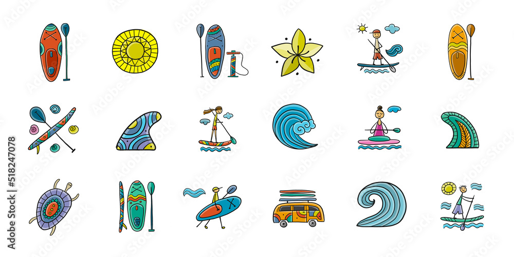 SUP boarding icons set. Stand up paddling elements for your design ...