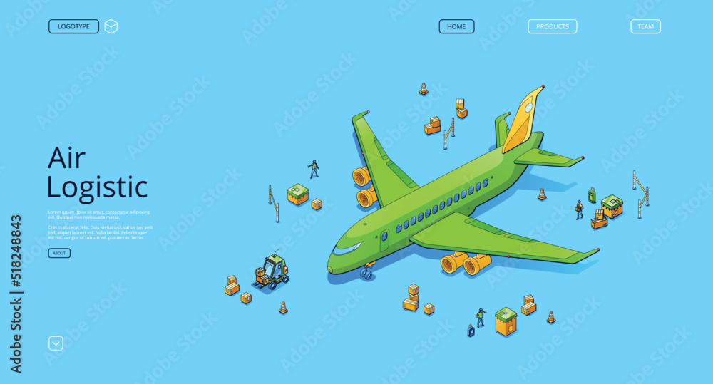 Air logistics isometric landing page. Airplane transport global ...
