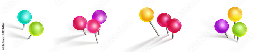 Push pin groups, colorful pushpin and thumbtacks in different positions ...