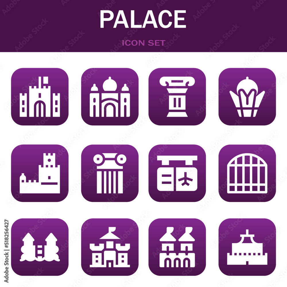 palace icon set. Vector illustrations related with Castle, Taj mahal ...