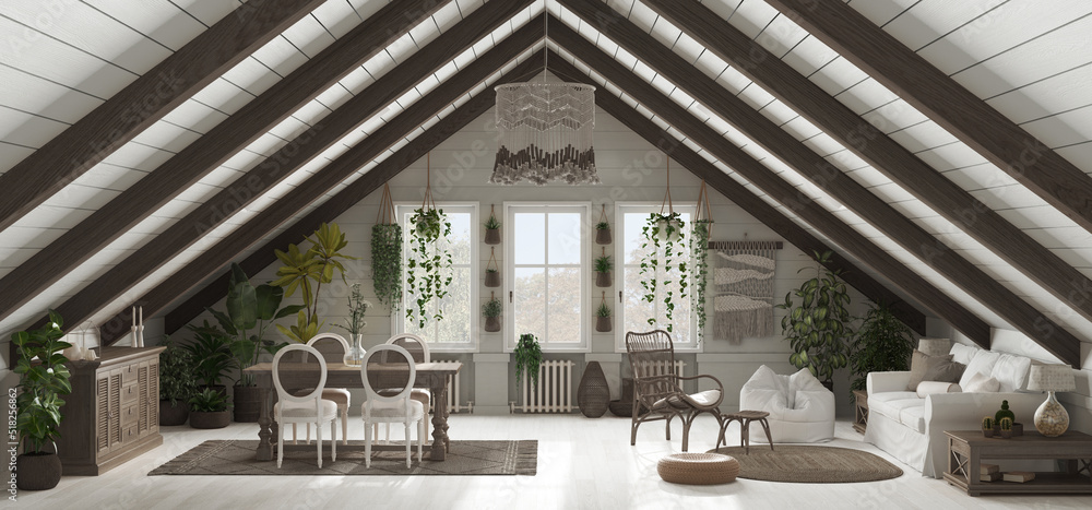 Mezzanine living and dining room in boho style with dark wooden gabled ...