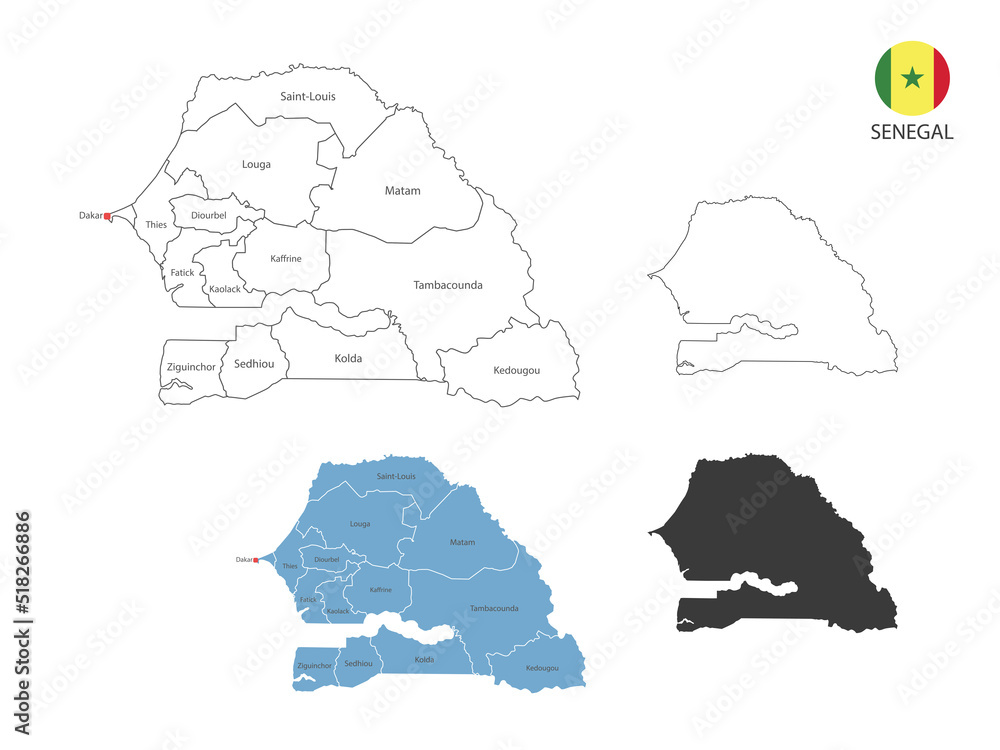 4 style of Senegal map vector illustration have all province and mark ...