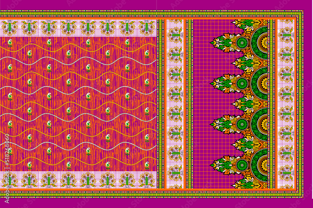 Abstract border pattern geometrical textile saree in colorful ...