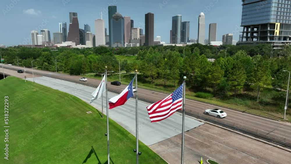 Houston Texas skyline with USA and TX state flag. Skyline aerial ...