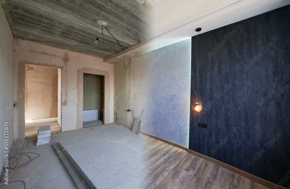 Comparison of old room and new renovated room. Photo collage of ...