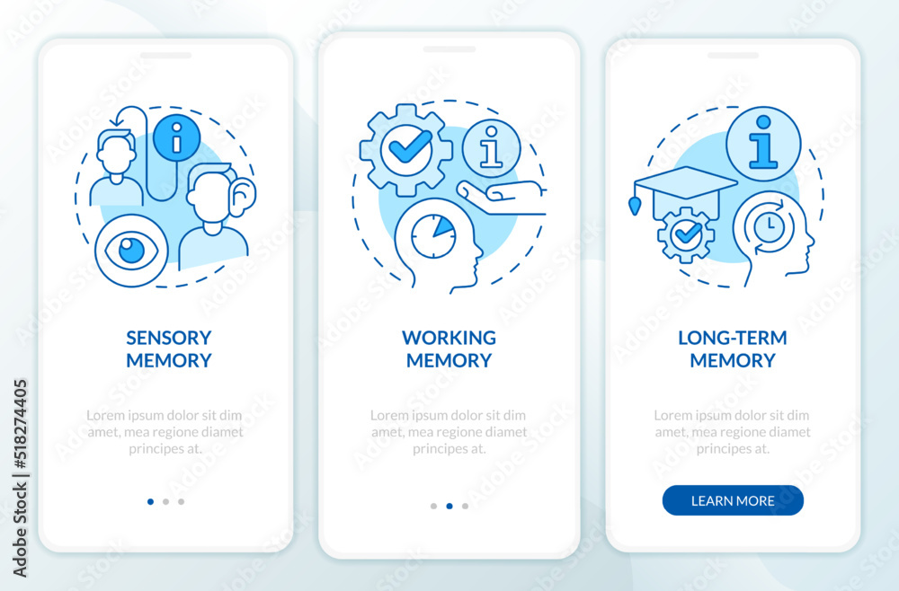 Memory and microlearning blue onboarding mobile app screen. Walkthrough 3 steps editable graphic ...