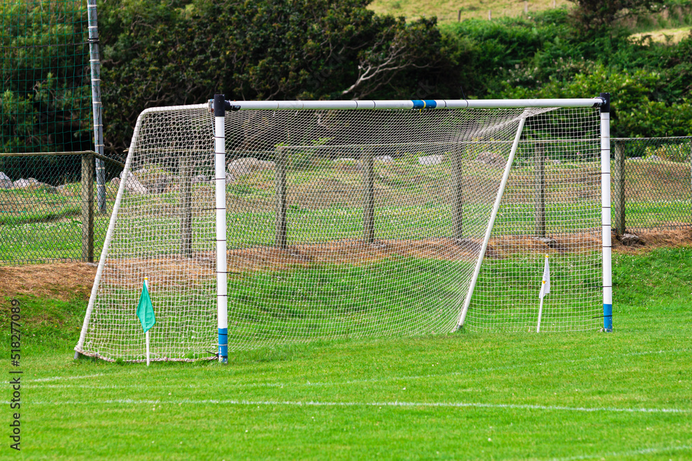 Gate for playing football. Green grass lawn on soccer field with gate ...