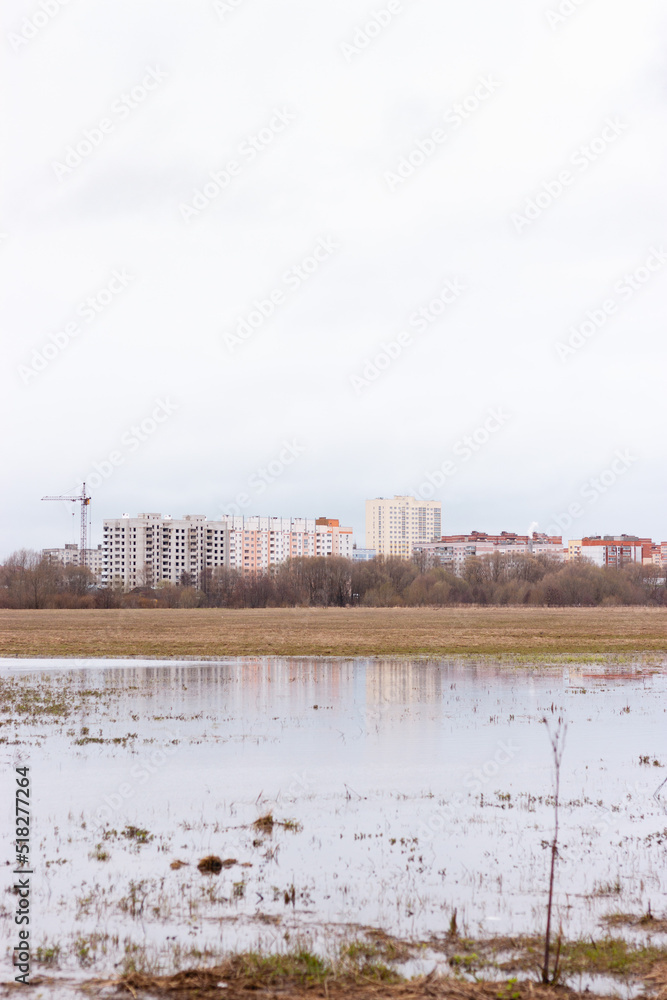 A shallow swamp with grass poking out of the water with a cloudy sky ...
