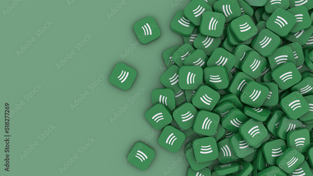 3D rendering of a lot of spotify square badges over green background ...