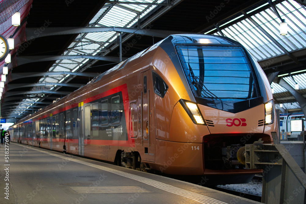 Golden SOB train named Voralpen Express at main railway station at ...