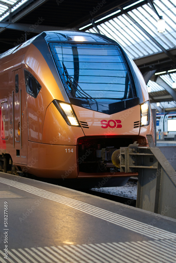 Golden SOB train named Voralpen Express at main railway station at ...