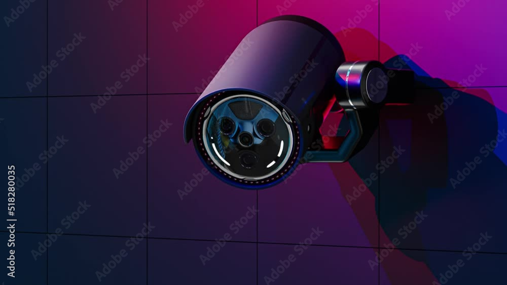 Security CCTV camera In the dark and Magenta and blue light shines on ...