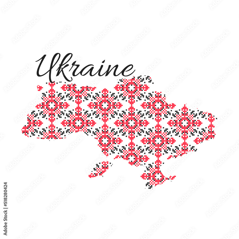 Embroidery map of Ukraine in red and black, illustration in a flat ...
