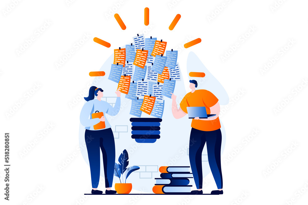 Finding solution concept with people scene in flat cartoon design. Man ...