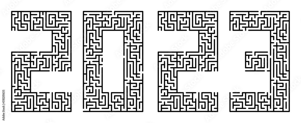 New Year 2023, numbers written in font made from maze lines. Abstract ...