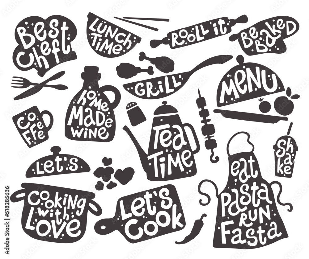 Kitchen utensils food elements. Sketch style cooking lettering icons ...