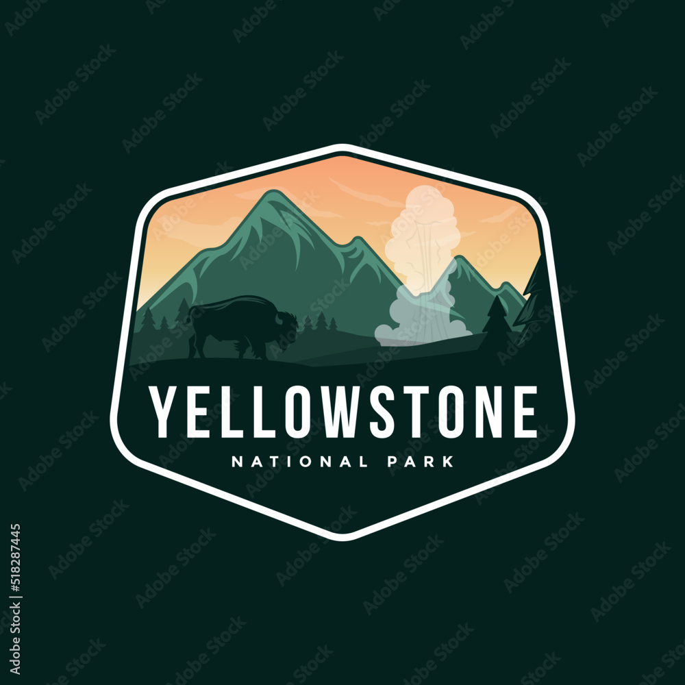 Logo illustrations of Yellowstone National Park emblem on dark ...