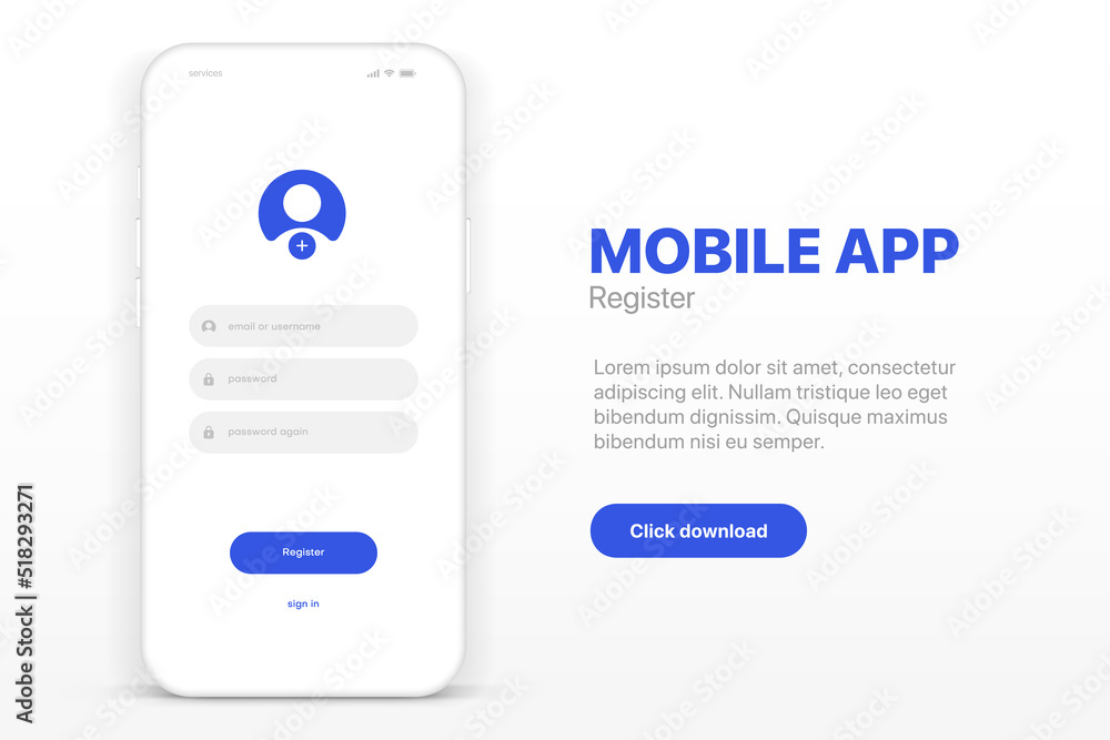 Log in screen. Mobile application interface, registration form with ...