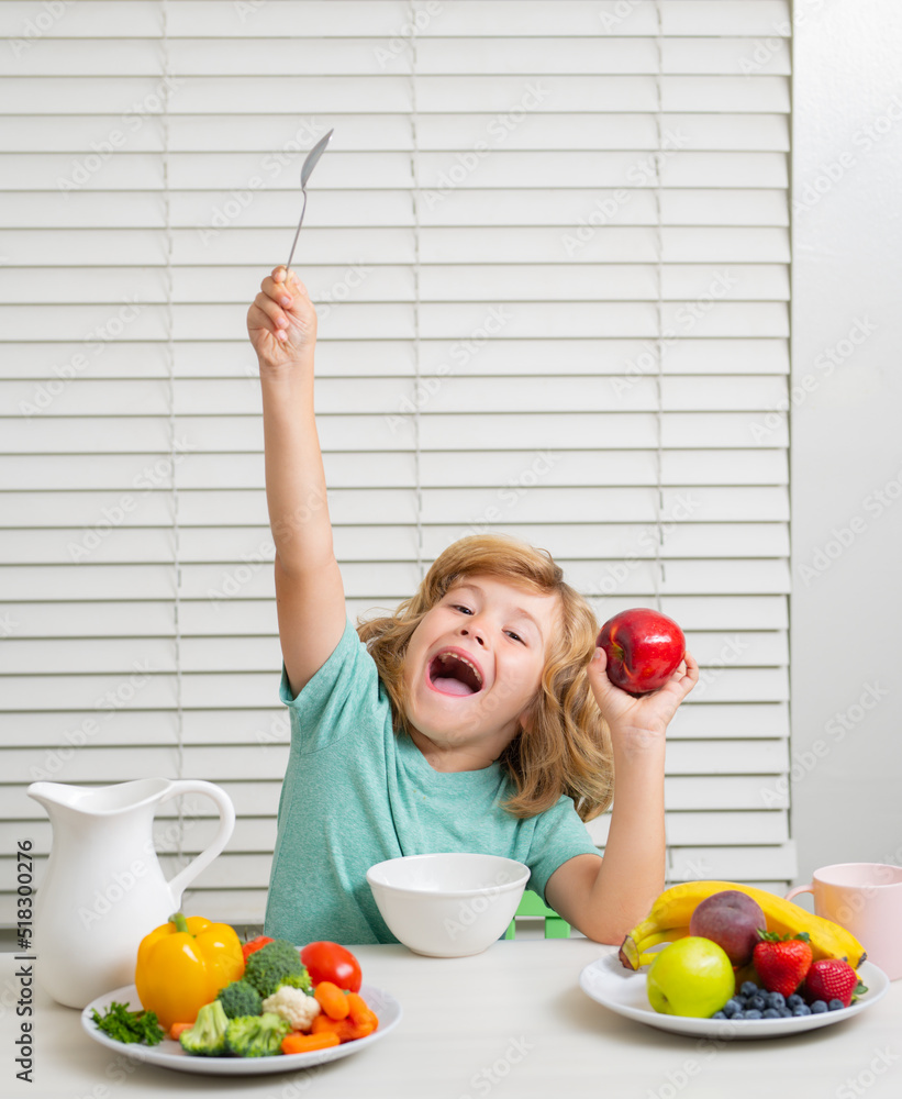Portrait of preteen excited amazed child eat fresh healthy food in ...