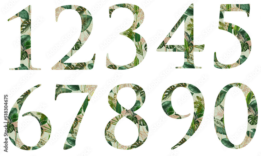 Set of floral numbers with tropical design print, isolated illustration ...
