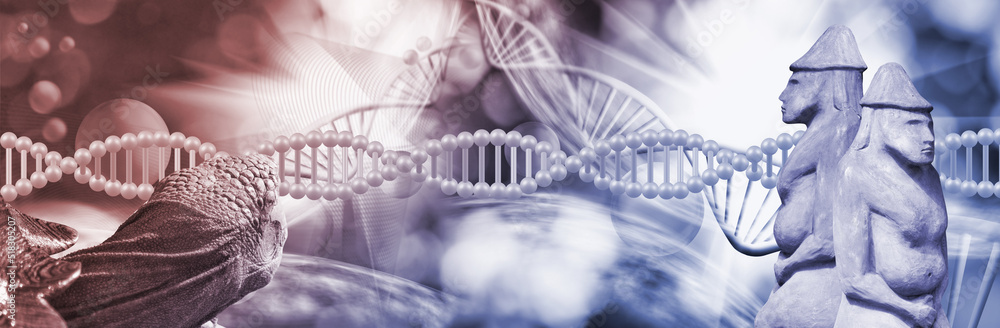 3-d image of dna chains with overlay image of turtle head and ancient ...
