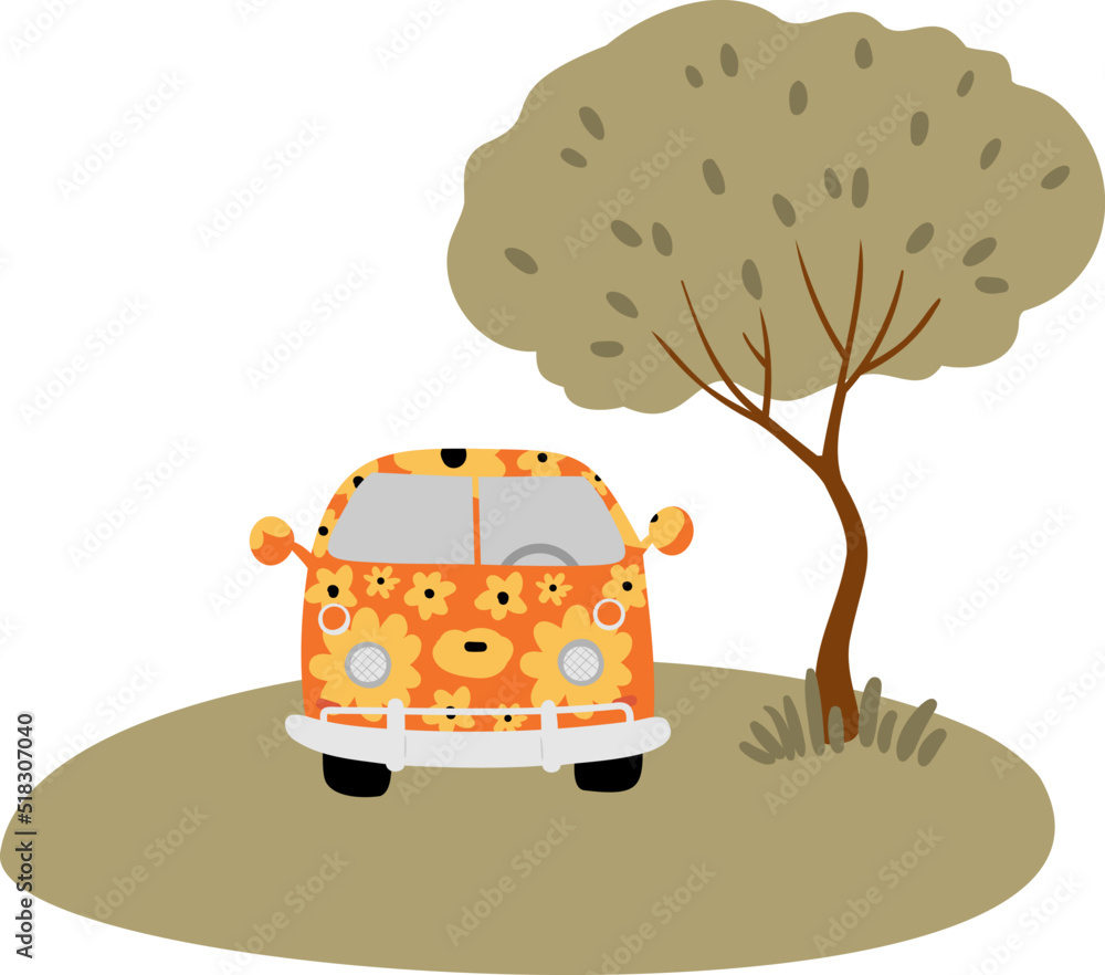 hippie bus vector illustration clipart, groovy hippy van road trip clip ...