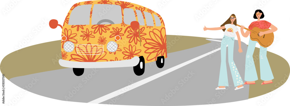 groovy hippie vector illustration clipart, retro 70s hippy bus van road ...