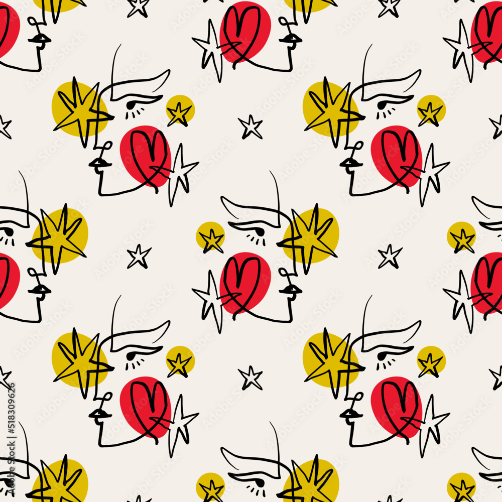 Trendy line drawing abstract people faces seamless pattern. Modern ...