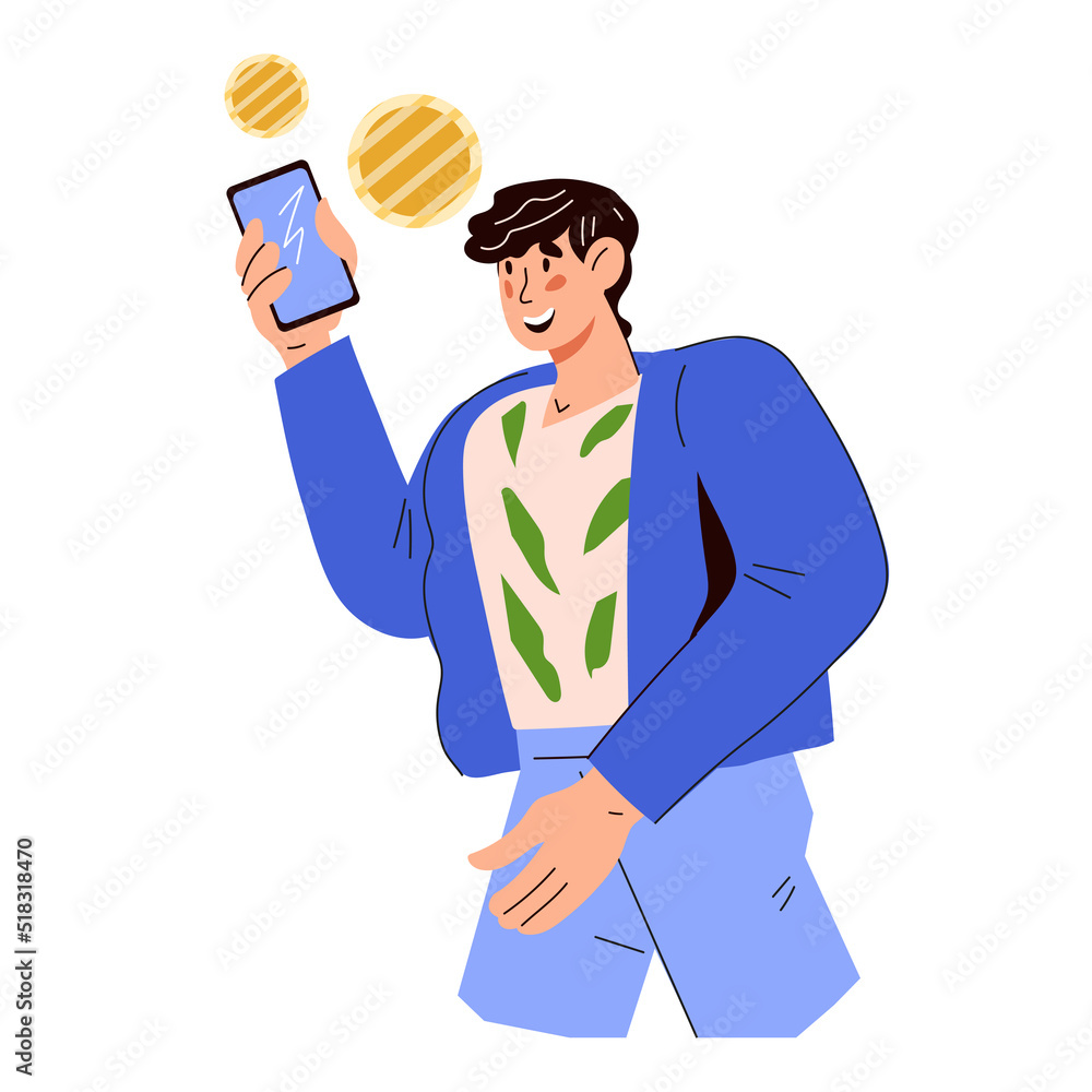 Man pays or transfers money through smartphone app, flat cartoon vector ...